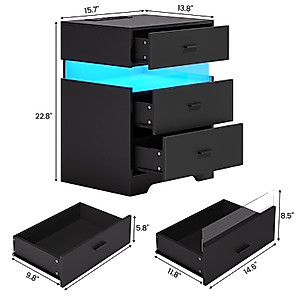 Hasuit Black Night Stand Set of 2 with LED Lights and Charging Station, Modern Nightstand with 3 Drawers, Bedside Tables/End Table for Bedroom