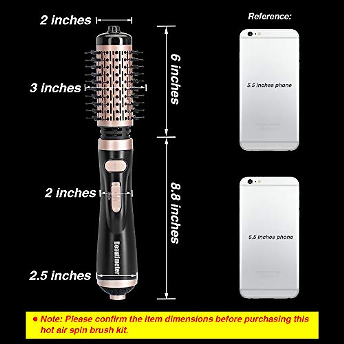 Beautimeter Hair Dryer Brush, 3-in-1 Round Hot Air Spin Brush Kit for Styling and Frizz Control, Negative Ionic Blow Hair Dryer Brush Volumizer, 2 Detachable Auto-Rotating Curling Brush, Black & Gold