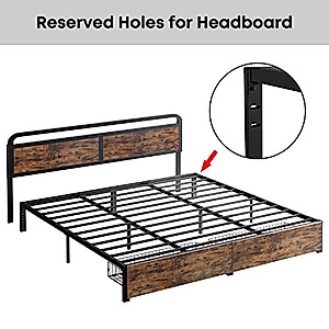 LIKIMIO Bed Frame King, Metal Platform Bed with 2 Industrial Wood Storage Drawers and 12 Strong Steel Slats, No Box Spring Needed/Easy Assembly/Noise-Free/Space-Saving
