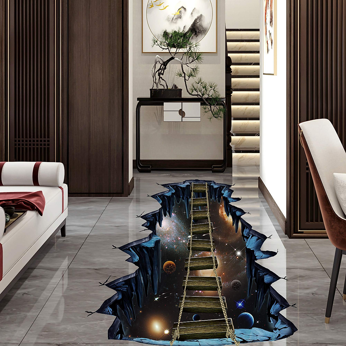RW-82004 3D Floor Stickers Galaxy Interstellar Space Suspension Bridge Floor Stickers Removable Illusion Waterproof Floor Wall Decor for Kids Bedroom Living Room Nursery Home Decoration