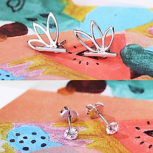 Milacolato 925 Sterling Silver Stud Earrings Set for Women 14K Gold Plated Ear Jacket Studs Lotus Flower Cubic Zirconia Stud Earrings Small Simple Chic Earrings Set