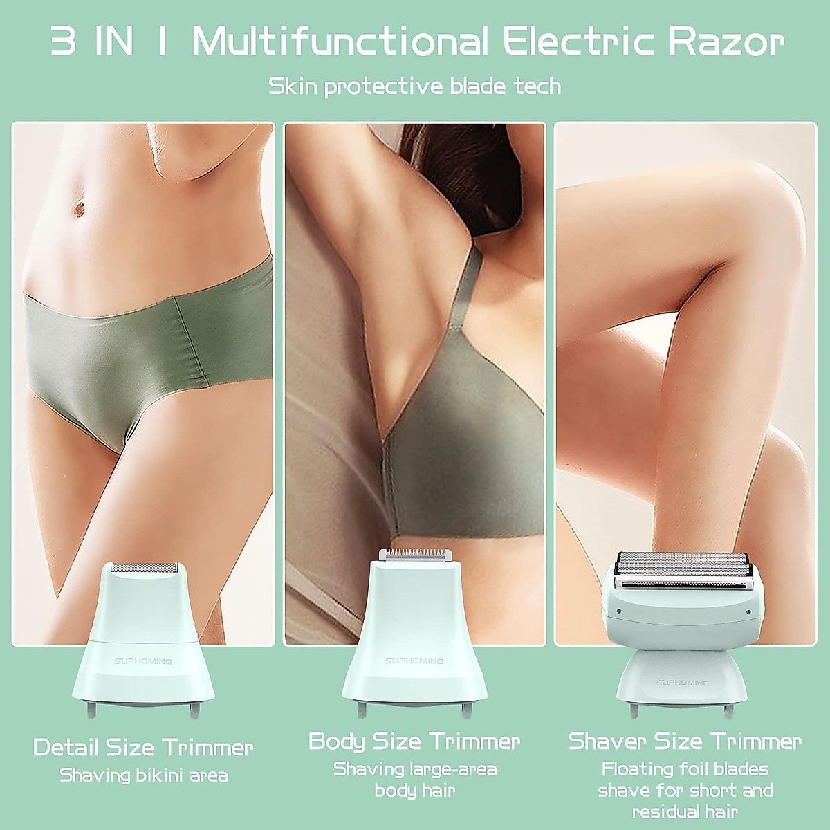 Bikini Trimmer for Women, 3 in 1 Electric Razors Shaver for Women Body Hair, Pubic Hair Trimmer Women, Rechargeable Body Groomer for Legs Face Underarm Wet/Dry Use, IP7X Waterproof