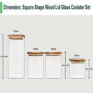 Square Glass food storage Containers with Airtight Lids, 2 Pack with 2 Wooden Spoon, Glass Jars with Wood Lids, Airtight Glass Canisters Sets with lids, Glass Coffee Storage Containers with Wood Lid
