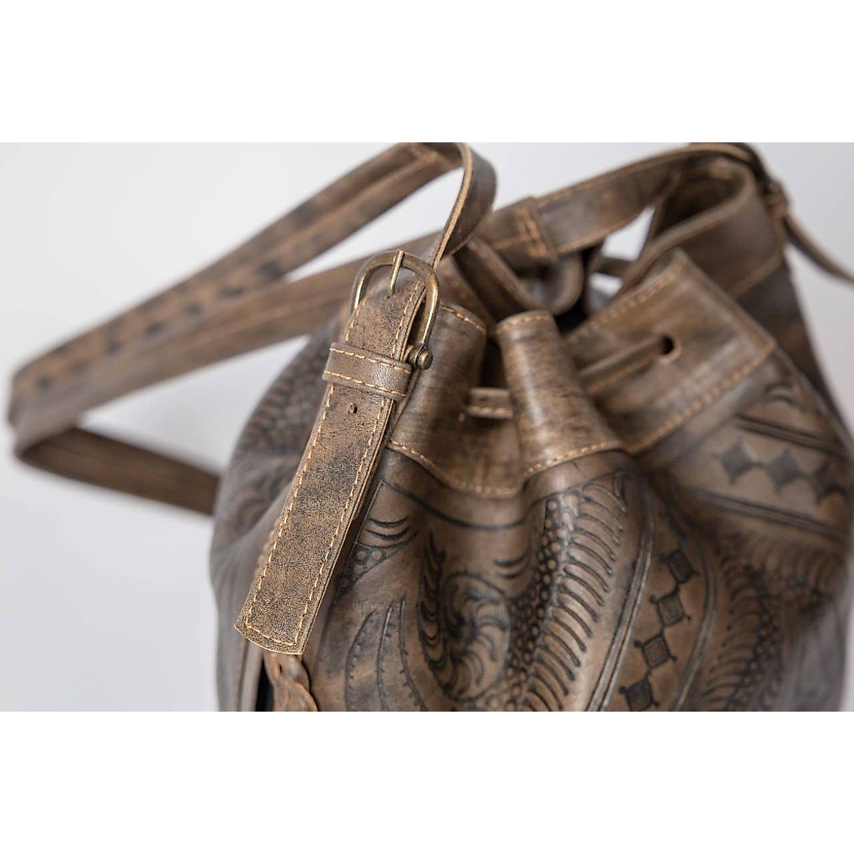 Womens Drawstring Bucket Bag, Genuine Leather Crossbody Bag, Hand tooled, Dark Brown, Handmade Leather Purse