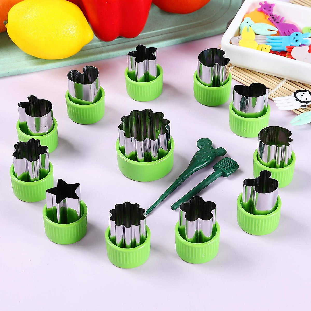Vegetable Cutters Shapes Set, 12pcs Stainless Steel Mini Cookie Cutters, Vegetable Cutter and Fruit Stamps Mold + 20pcs Cute Cartoon Animals Food Picks and Forks -for Kids Baking and Food Supplement