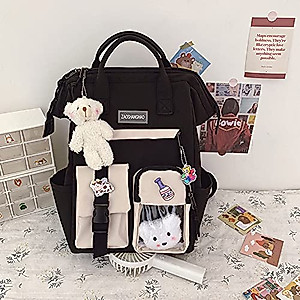 Skyearman Kawaii Backpack with Kawaii Pin Bear Pendant and Pencil Pouch Cute Backpack for Girls Kawaii Schoolbag Aesthetic Backpack, Black