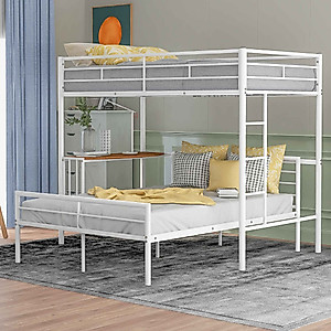 ATY Metal Bunk Beds Twin Over Full Size, L Shaped Steel Bedframe w/Desk & Built-in Ladder and Full-Length Guardrail, No Box Spring Needed, White