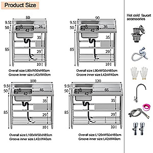 Utility Sink Single Bowl Stainless Steel Commercial Kitchen Sink w/Single Cold and Hot Faucet,with Left Right Drainboard for Laundry Backyard Garage Camping Portable Handwashing S