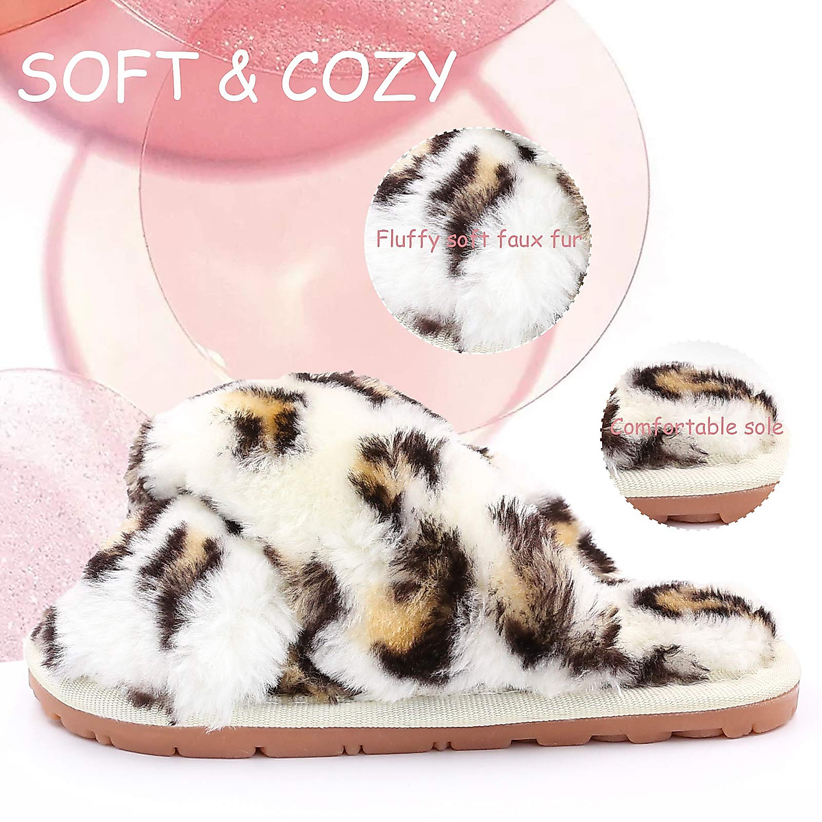 ISZPLUSH Girl's Fluffy Slippers Kids' Fuzzy Slippers Slide Sandals Leopard Tie Dye Cross Band Plush Open Toe Slip on House Bedroom Slippers (12.5-13.5 Little Kids, White Leopard, numeric_12_point_5)
