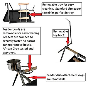 Parrot Bird Perch Table Top Stand Metal Wood 2 Steel Cups Play for Medium and Large Breeds 17.5" x 12.5" x 11"