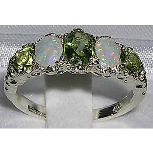 LetsBuyGold 14k White Gold Natural Peridot and Opal Womens Anniversary Ring - Size 4.25