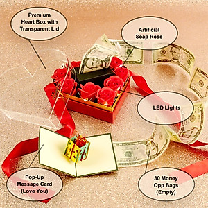 Ribbonbonbox Money Box for Cash Gift Pull Heart Box – Unique Gifts for Birthday, Anniversary, Wedding Gifts for Her and Him – Red Valentines Day Gift Box - Best Gift Ideas for Men (Love You)