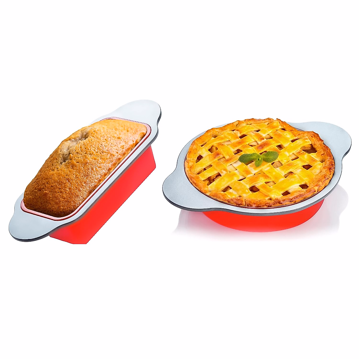 Boxiki Kitchen Silicone Baking Duo: 9x5 Inch Bread Loaf Pan & 9 Inch Round Cake Pan - Non-Stick, Easy Release with Steel Frame Handles.