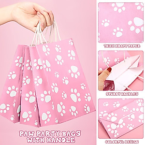 Blulu Gift Bags, 20 Pcs Paw Print Paper Bags with Twist Handles, Dog Themed Goodie Bags for Pet Party Favor, 6.3 x 3.1 x 8.6 Inch (Pink Backing)