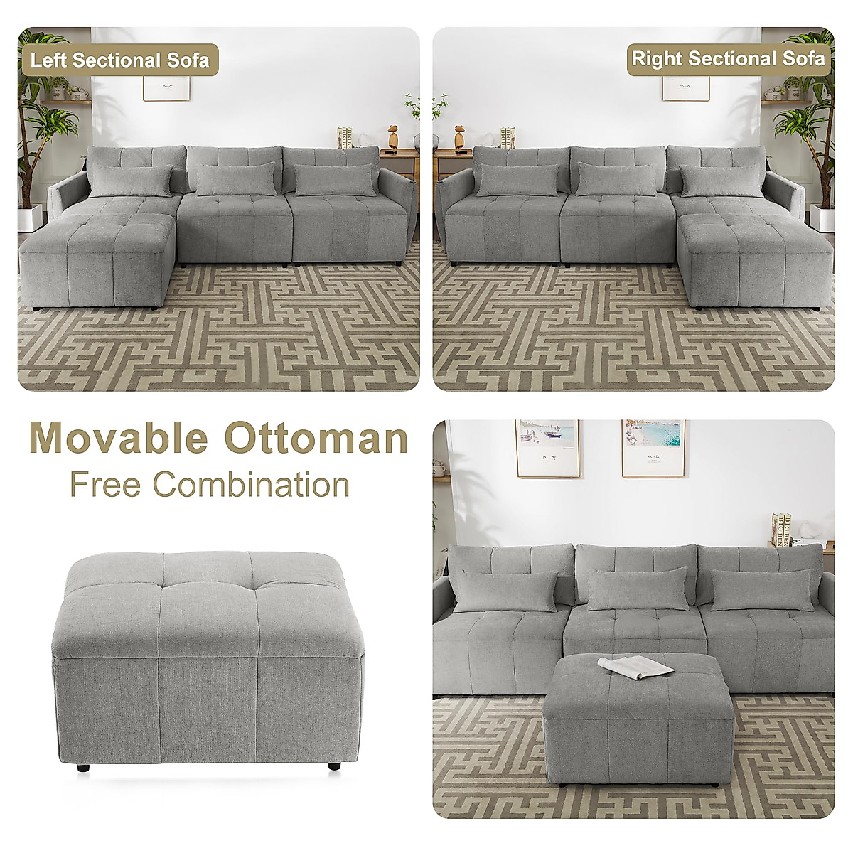 LUMISOL 113.3" Convertible Sectional Sofa with Ottoman, 3 Seat L Shaped Sofa Couch with Lumbar Pillows, Comfy Chenille Sofa Upholstered for Living Room, Apartment, Office