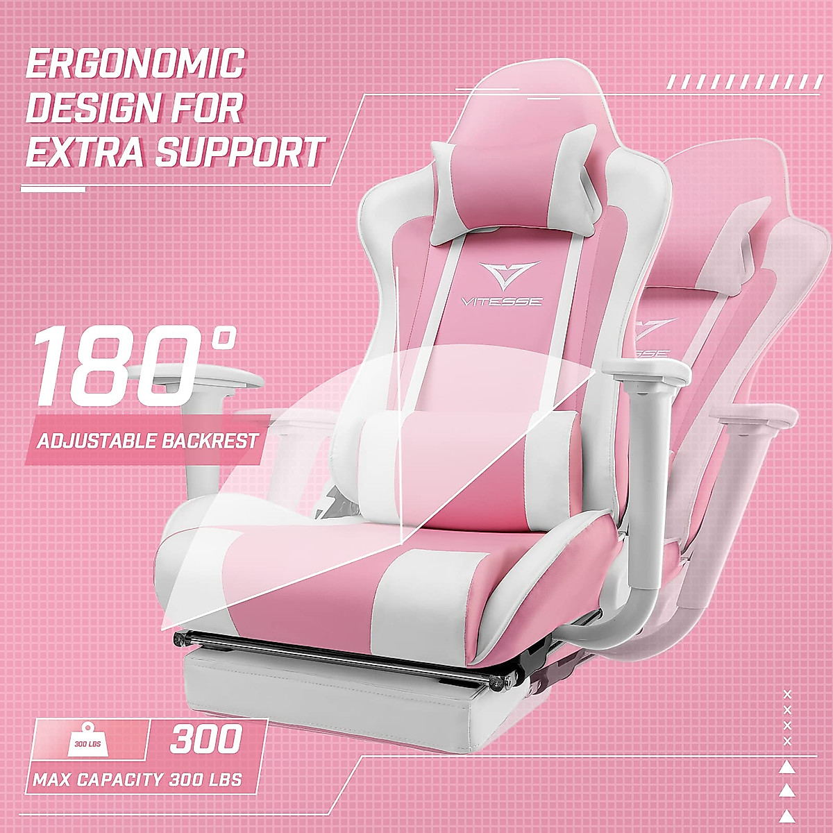 VITESSE Pink Gaming Chair with Footrest Cute Kawaii Gaming Chair for Girl Gamer Chair Ergonomic Office Desk Chair Racing Chair Adjustable High Back Chair with Lumbar Support and Headrest,Pink/White