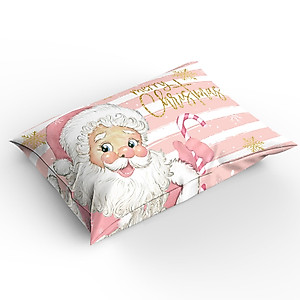 Boanket Pink Santa 3 Pieces Christmas Bedding Set Cal. King Size, Xmas Snowflake Soft Duvet Cover Set Comforter Cover Set with Zipper Closure All-Season Breathable Bedding Set Pink White Striped