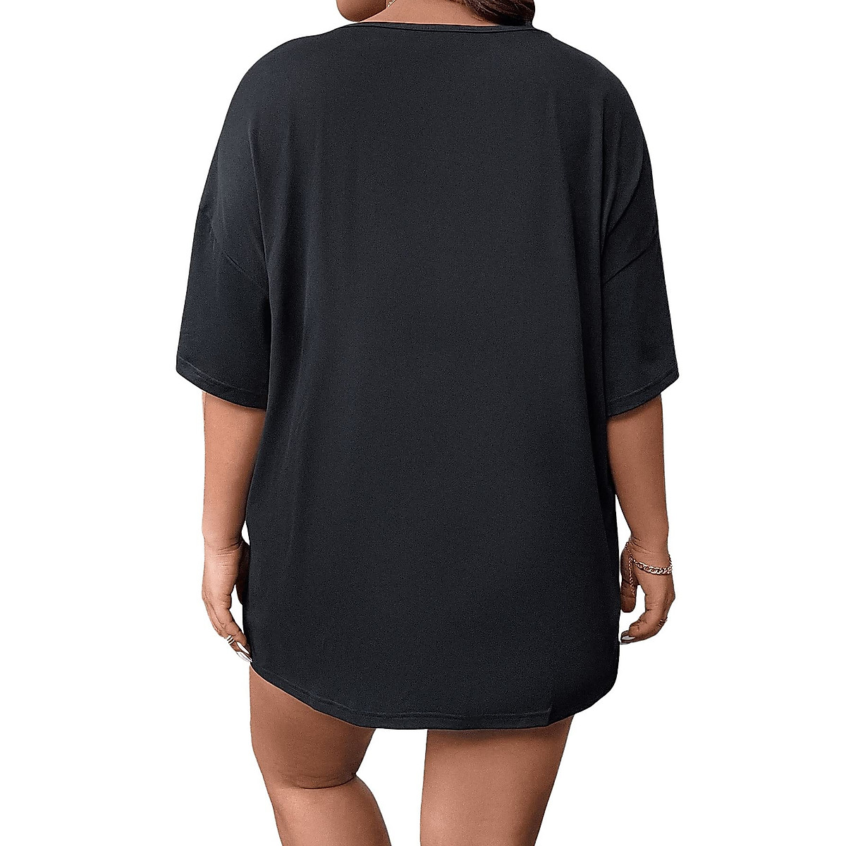 SOLY HUX Women's Plus Size Letter Graphic Tees Cut Out Deep V Neck Half Sleeve T Shirts Tops Black Graphic 2XL