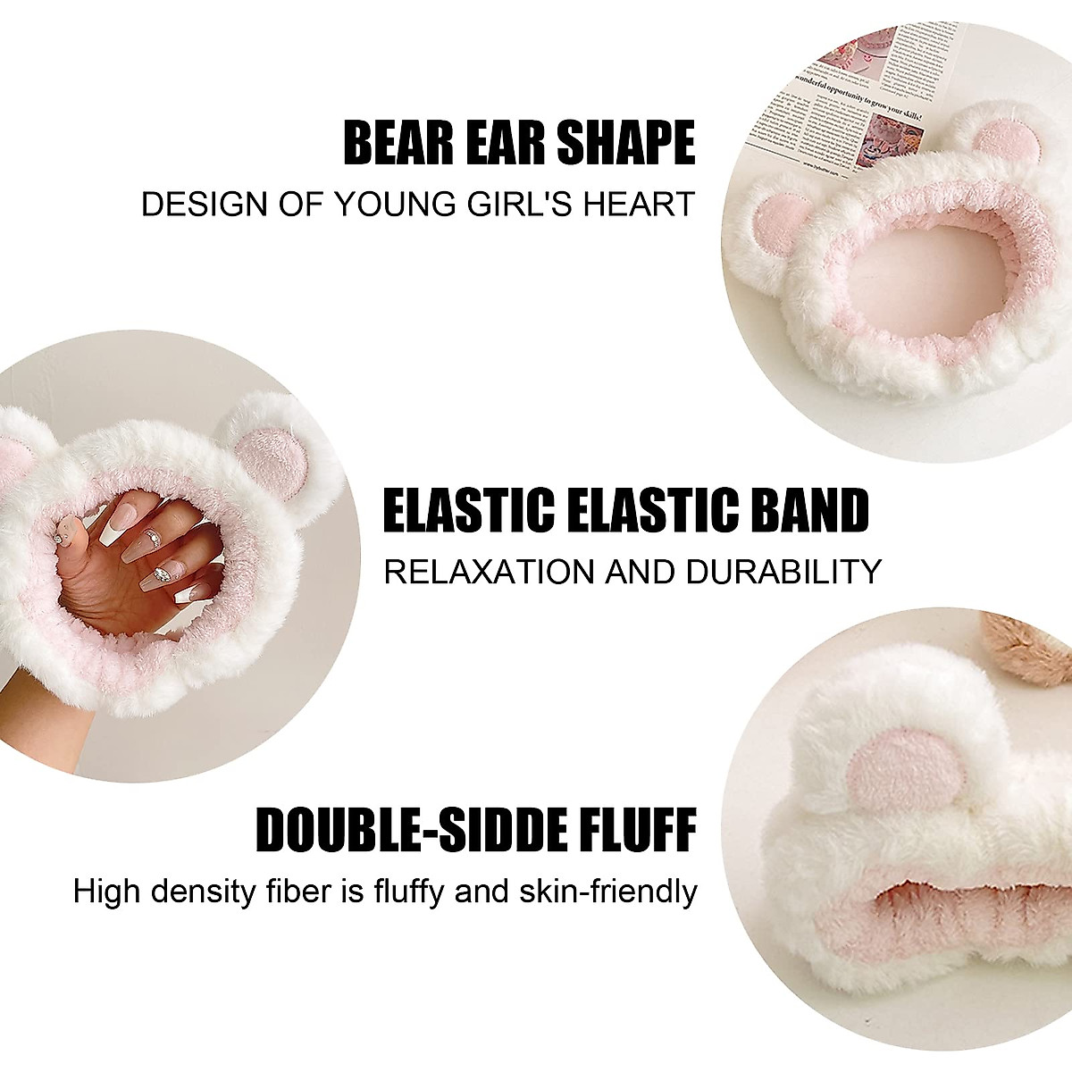 Headbands for Women Makeup Headband Spa Headband for Washing Face and Matching Wristbands Skincare Headbands Hair Band Women Facial Makeup Head Band Soft Fuzzy Head Wraps for Girls (White-Bear Ears)