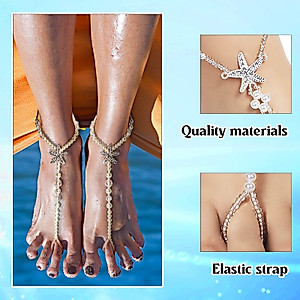 Hicarer 12 Pieces Feet Jewelry Barefoot Sandals Toe Rings Foot Chains Starfish Faux Pearls Elastic Beaded Turquoise Anklet Chains Jewelry with Rhinestone Ring for Women Wedding Beach Wearing