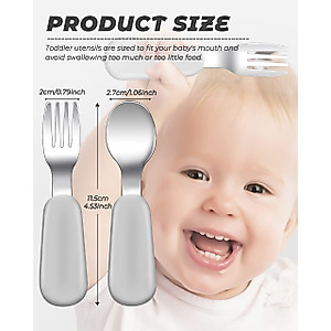 2 pcs Toddler Utensils, Stainless Steel Toddler Silverware Set with Round Handle, Baby Forks for Self Feeding, 1 Toddler Fork and 1 Toddler Spoon, BPA Free