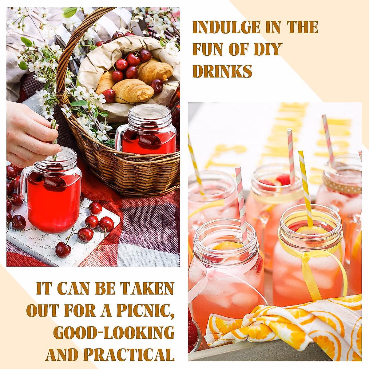 Dandat 50 Pcs 16 oz Glass Mason Drinking Jars Bulk with Handle Mason Jar Cups Mugs No Lids Clear Canning Jars with Handles for Farmhouse Kitchen Beer Cold Beverages Juice Coffee Sodas Cocktails Shakes