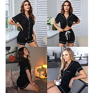 SWOMOG Womens Button Down Pajamas Set Short Sleeve Sleepwear Bride Soft Pj Lounge Sets XS-3XL Black XX-Large