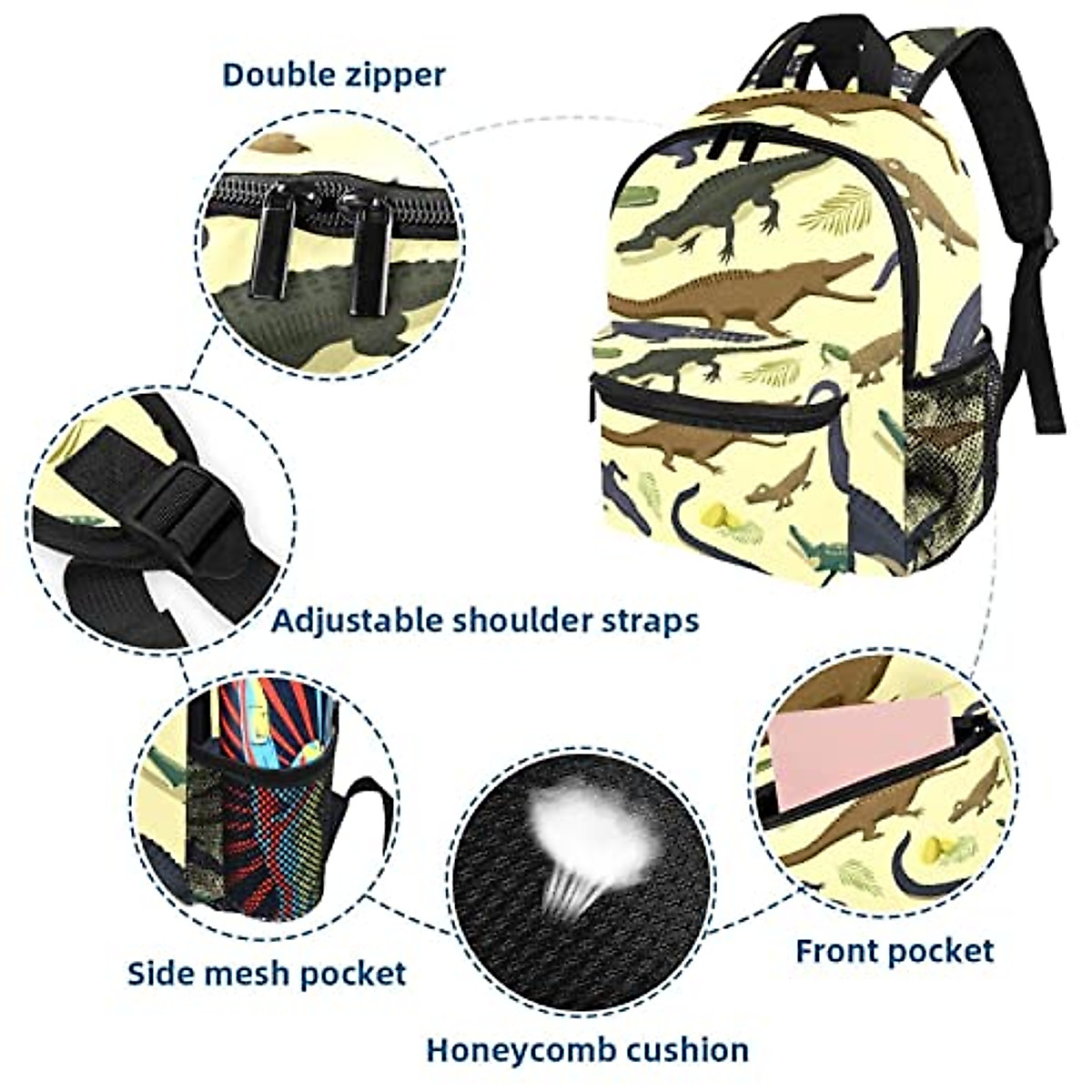 Daypack Bookbags Small Travel Bag for Boys Girls Casual Backpack, Crocodile Animal Cartoon