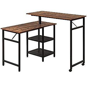 TITA-DONG L-Shaped Computer Desk,Industrial Office Desk with 2-Tier Storage Shelves,Multifunctional Adjustable Rotating Double Corner Computer Desk for Home Office
