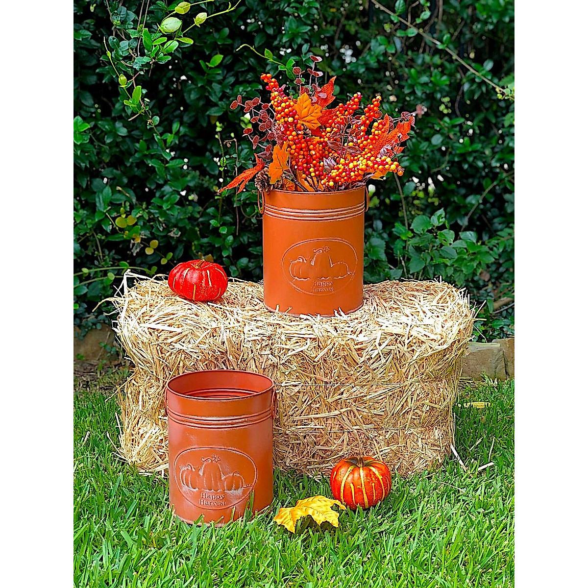 DNS Happy Harvest Buckets Large Metal Galvanized Burnt Orange Pumpkin Theme Containers Thanksgiving Fall Decorative Organizer (Set of 2) 9.2" & 8.8"
