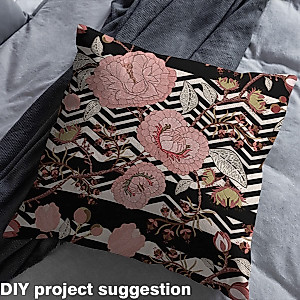 Pink Flowers Fabric by The Yard Black White Geometric Zebra Stripes DIY Craft Hobby Fabric by The Yard Hand Drawn Rustic Plant Decorative Fabric for Upholstery and Home Accents,2 Yards