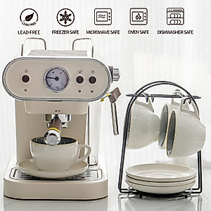 SIDUCAL Stackable Cappuccino Cup Set of 4 [8oz] Ceramic Coffee Cups with Saucers and Cup Holder,Microwave/Dishwasher Safe,Espresso Demitasse Cups(Green)