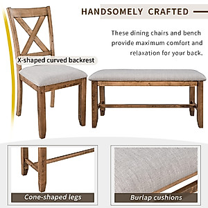 Merax 6-Piece Kitchen Set, Wooden Rectangular Dining-Table, 4 Chairs and Bench Family Furniture, Natural Cherry & Beige