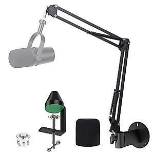 YOUSHARES MV7 Wall Mount Boom Arm Stand with Mic Windscreen and Table Mount Clamp, Mic Stand Arm with Pop Filter Compatible with Shure MV7 and Shure MV7X Microphone