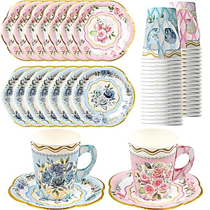 WorldBazaar Tea Party Cups and Saucers 24 Sets Floral Paper Cups with Handles 9oz Tea Party Decorations Flower Birthday Party Supplies Garden Baby Shower bulk