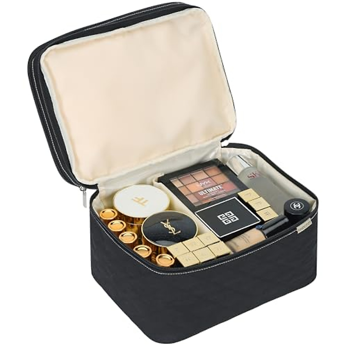 FINDCOZY Large Travel Makeup Bag, Double Layer Cosmetic Case for Women, Organizer for Travel Accessories Brushes, Beauty, Eyeshadow Palette, Lipstick, Black