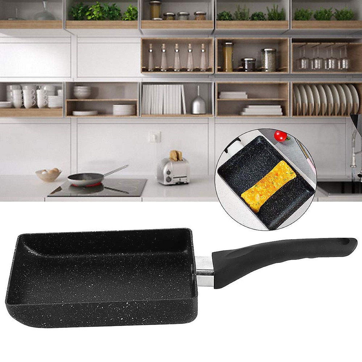 Joyzan Square Japanese Omelette Pan, Tamagoyaki Egg Skillet Maker Nonstick Roll Rectangle Tamago Frying Rectangular Kitchen Cooking Griddle Tools Plastic Handle Baking Pancake Induction Cooktop Black