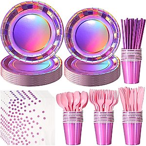 Iridescent Pink Party Supplies Decorations Serve 25, Hot Pink Holographic Paper Plates and Napkins Set, Disposable Pink Paper Plates Cups Knives Spoons Fork for Mermaid Disco Birthday Graduation Party