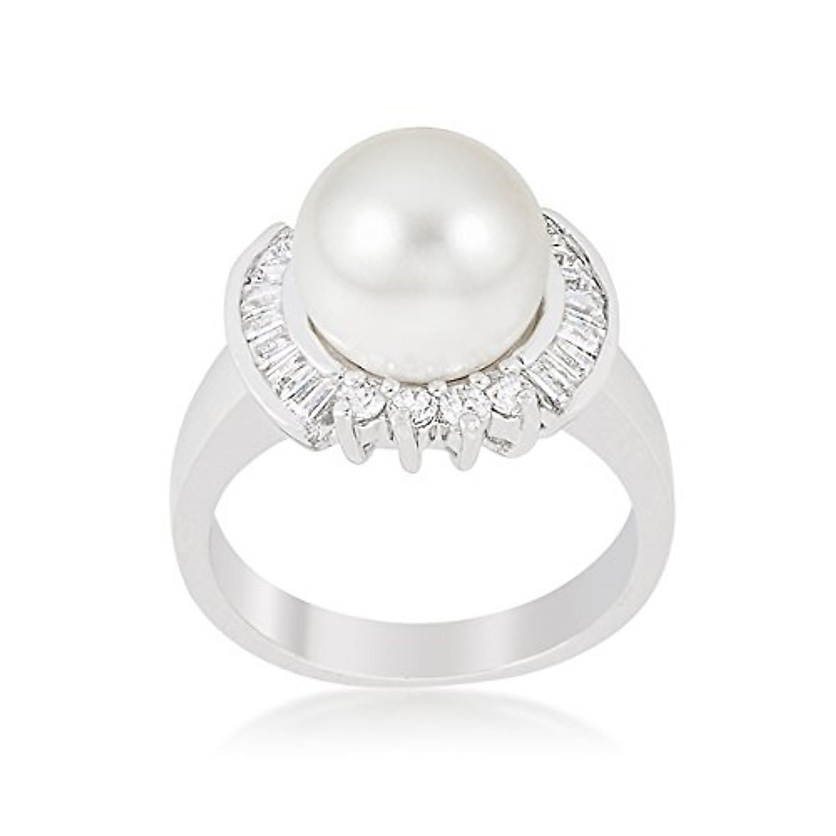 Kate Bissett Genuine Rhodium Plated Bridal Ring with 10 mm Simulated Pearl and Accentuated with Clear CZ Size 10