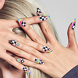 GLAMERMAID Press on Nails Medium Short Almond, 24Pcs Acrylic Oval Fake Nails with Checkerboard Rainbow Design Y2K Stick Glue on Nails Pride Rainbow Reusable Stiletto False Nail Tips with Adhesive Tabs