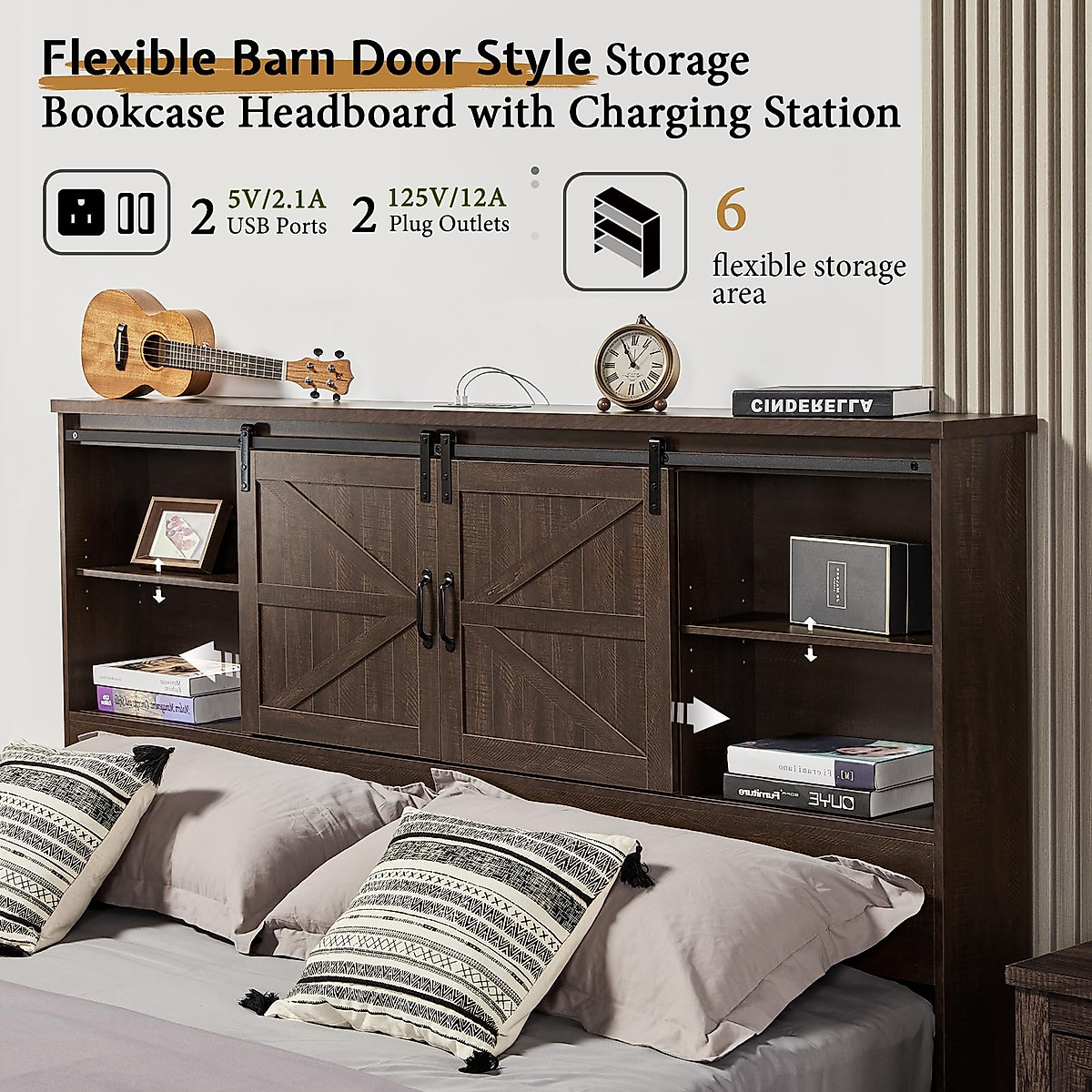 VanAcc Queen Size Bed Frame, Wooden Platform Storage Bed with 51.2" Bookcase Headboard, 2 Drawers, Charging Station/No Box Spring Needed/Noise Free(Brown)