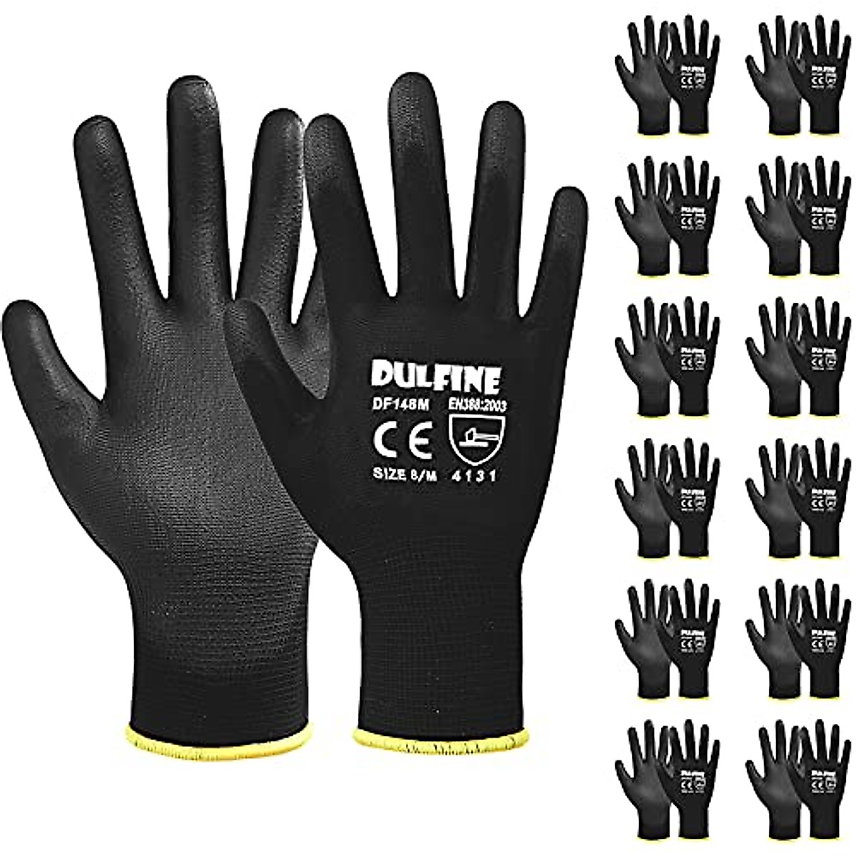 DULFINE Ultra-Thin PU Coated Work Gloves-12 Pairs,Excellent Grip,Nylon Shell Black Polyurethane Coated Safety Work Gloves, Knit Wrist Cuff,Ideal for Light Duty Work. (Large)