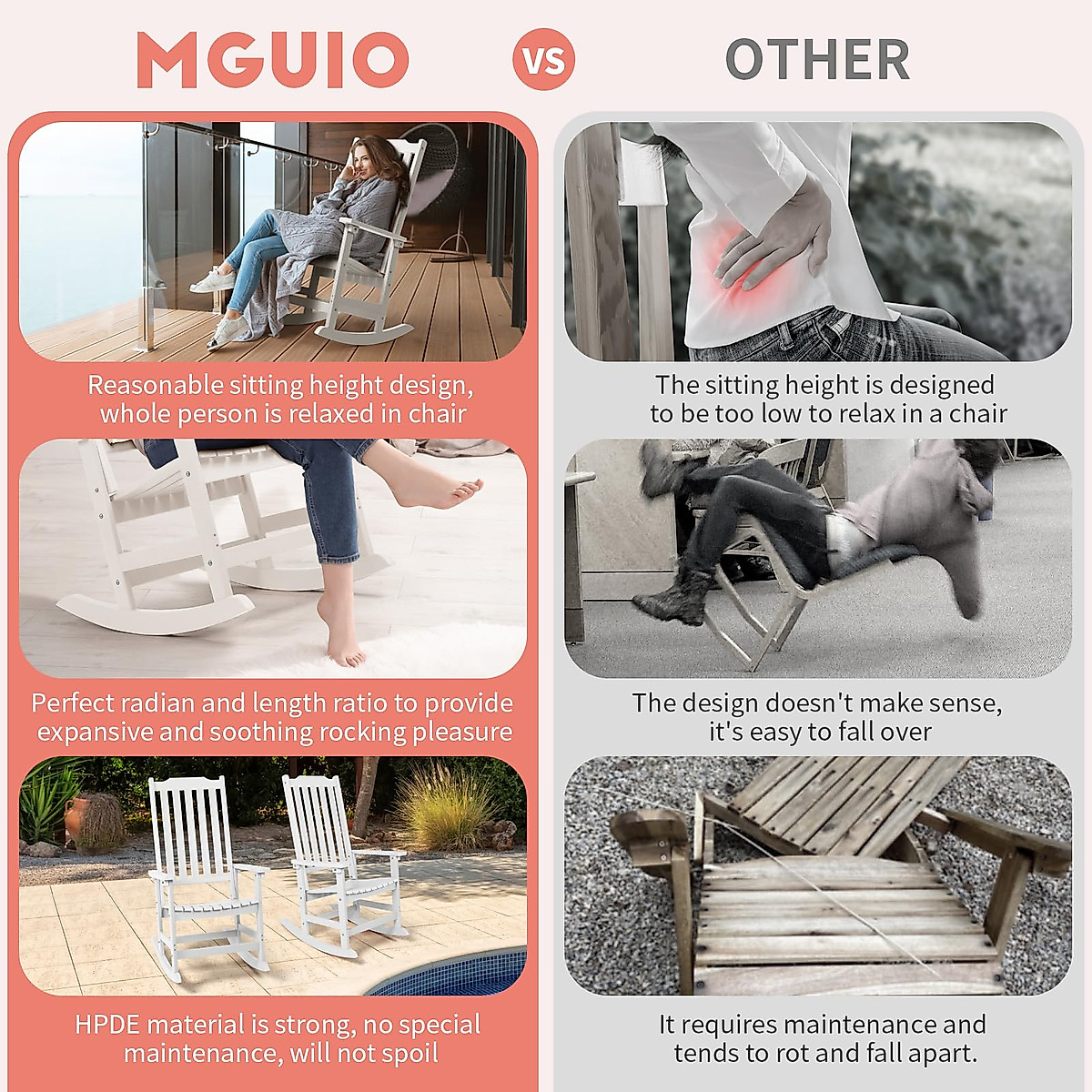 Mguio Outdoor Rocking Chairs Set of 2, Porch Rocker with High Back, Patio Rockers Set of 2, HDPE Weather Resistant Rocking Chairs for Patio, Garden, Backyard, 380lb