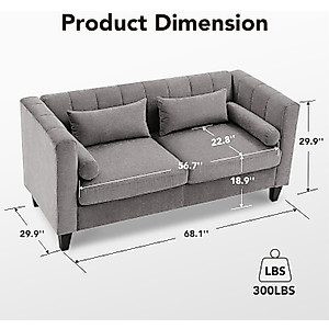Weture 68.1 Inch Loveseat Sofa with 4 Pillows, Linen Comfy Mid Century Modern Couch for Small Spaces Bedroom, Love Seat for Living Room with Solid Wooden Frame and Padded Cushion, Gray