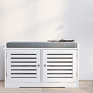 RASOO Shoe Storage Benches White Shoe Rack Bench with 2 Doors & Padded Seat Cushion in Grey Shoe Cabinet Shoe Entryway Bench with Shoe Organizer