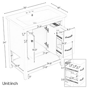 30 Inch Bathroom Vanity Cabinet with Ceramic Sink, Two-in-one Functional Drawer, Sold Wood Legs, White