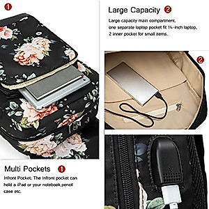 LEDAOU School Backpack for Teen Girls Women Bookbag School Bag 15.6 inch Laptop Backpack Daypack for School Travel (Floral Black-2)