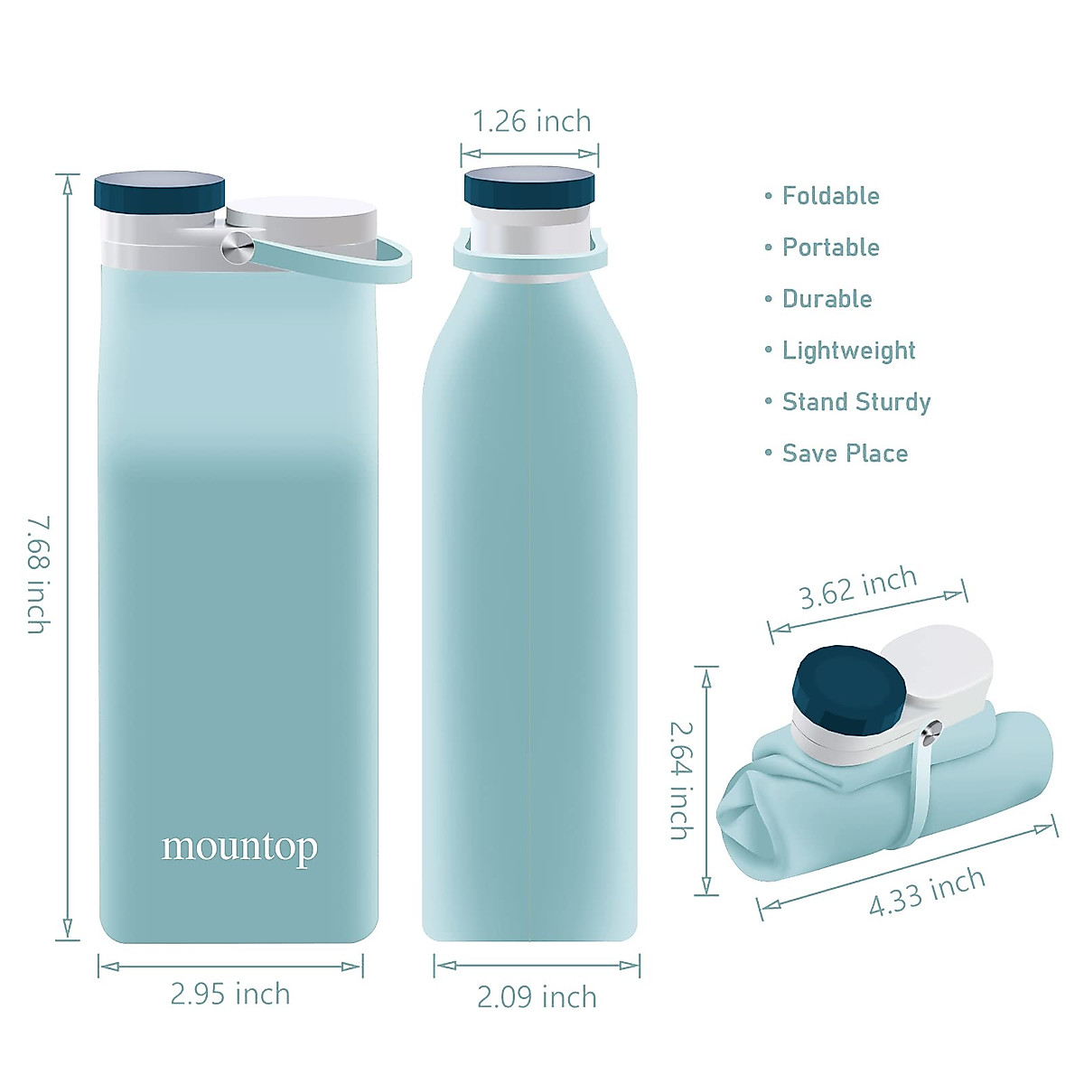 mountop Collapsible Water Bottle, Portable Food Grade Silicone Foldable Travel Reusable Leak Proof Water Bottles for Traveling Running Fitness BPA Free, 20oz, Blue