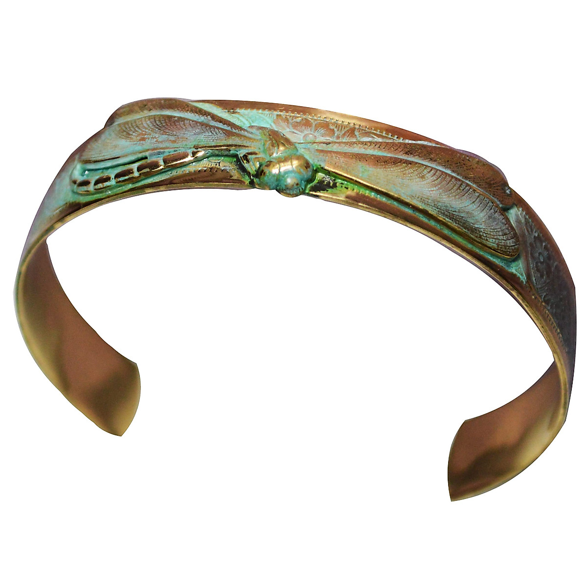 Elaine Coyne Collectible Artwear Verdigris Patina Solid Brass Realistic Dragonfly Skinny Cuff Bracelet