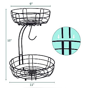 Sishynio 2-Tier Fruit Basket Bowl with 2 Banana Hangers for Kitchen Counter, Metal Wire Basket Vegetable Storage Countertop Fruits Stand Organizer, Detachable Fruit Holder for Bread, Snack, Veggies